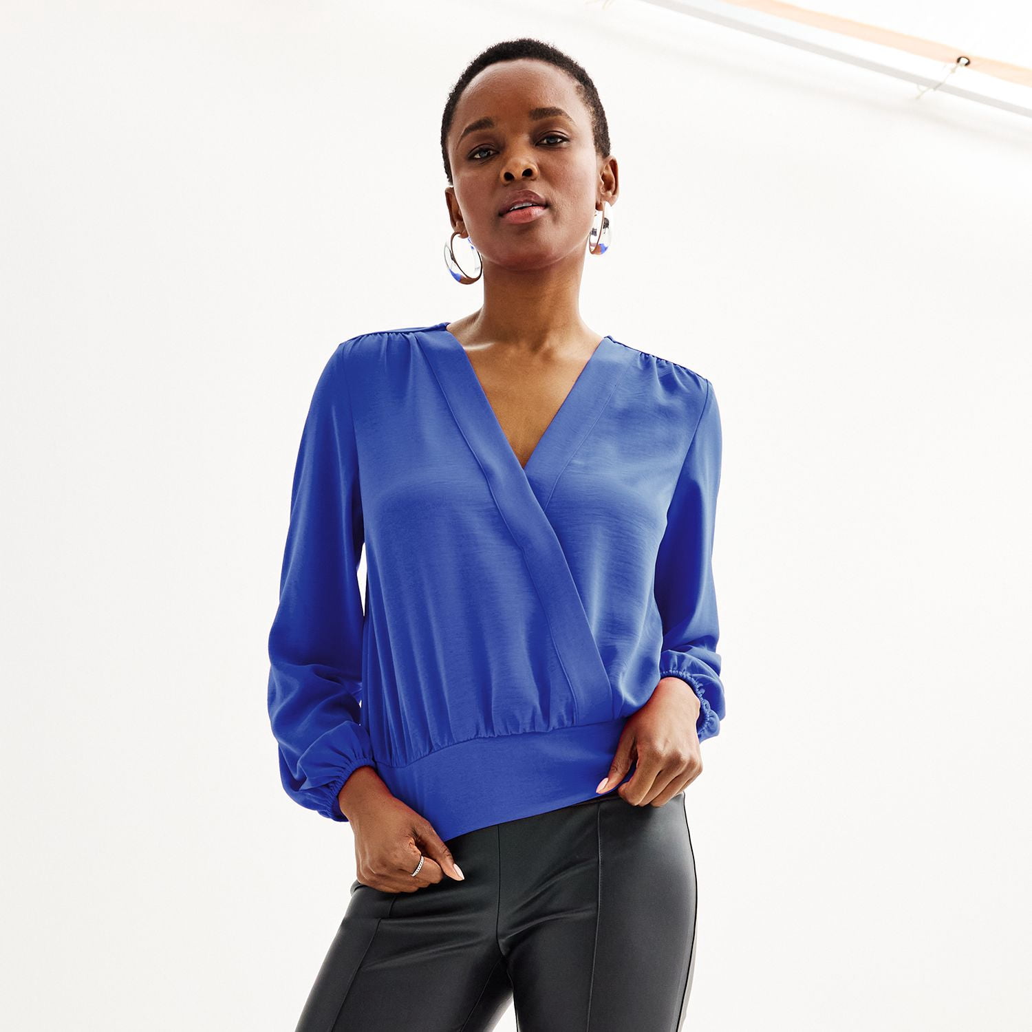 Women's Nine West Long-Sleeve Surplice Blouse Color: Archer Blue Size ...