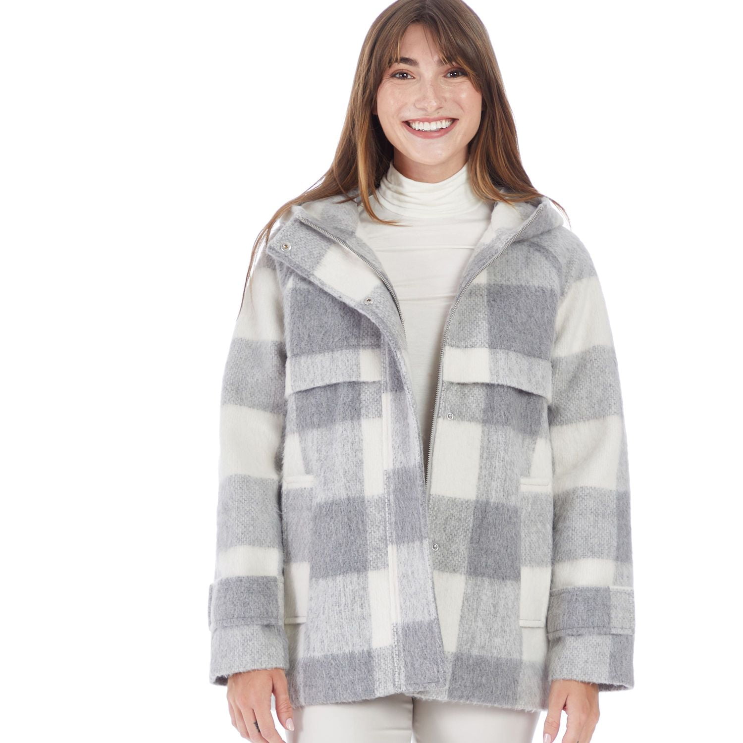 Women's Nine West Plaid Duffle Jacket Color: Gray White Plaid Size: X ...