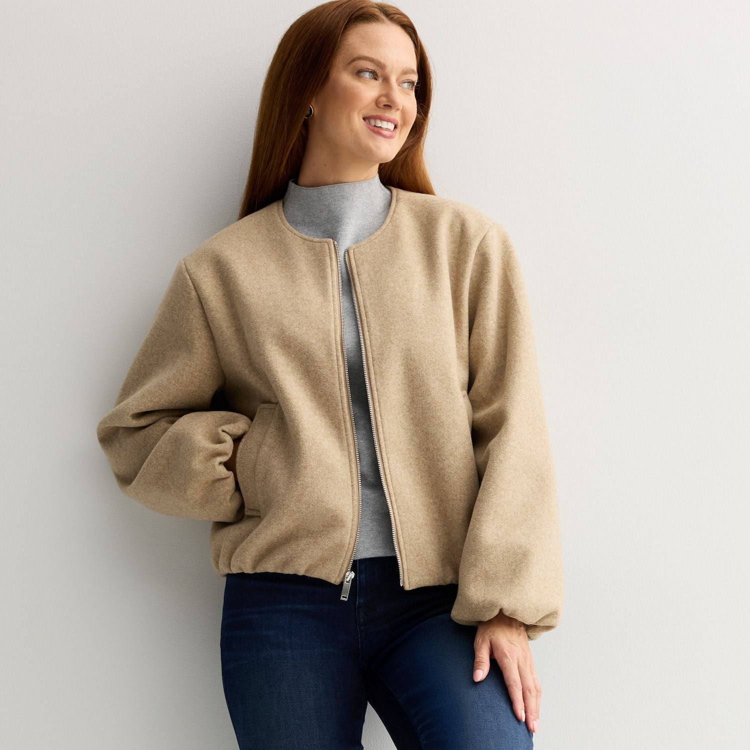 Women's Nine West Zip Front Bubble Sleeve Jacket Color: Beige Heather ...