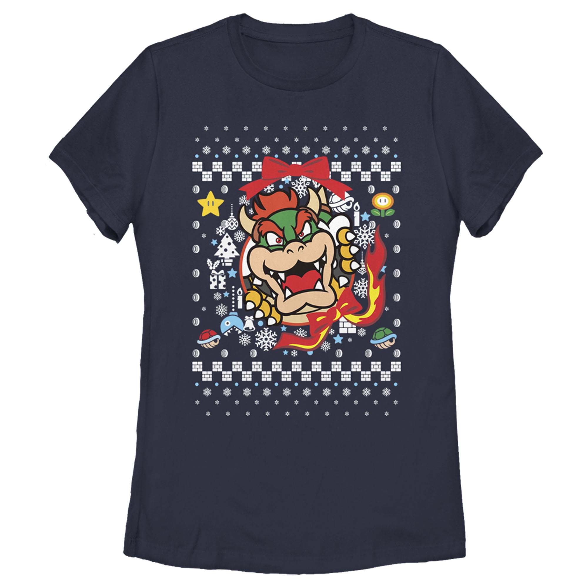 Women's Nintendo Christmas Bowser Wreath Graphic Tee Navy Blue Medium ...