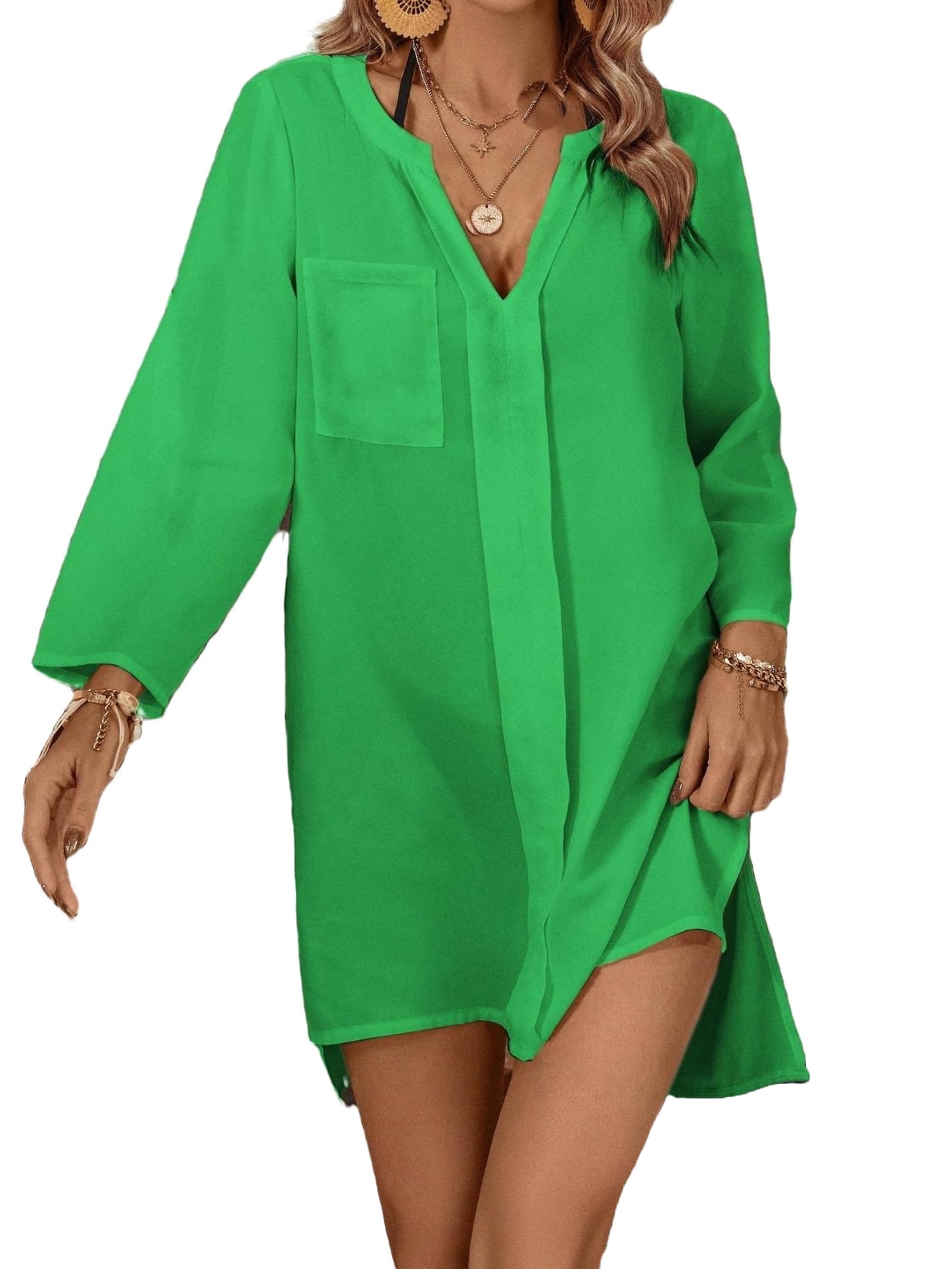 Womens Non Stretch Plain Notched Green Cover Ups S