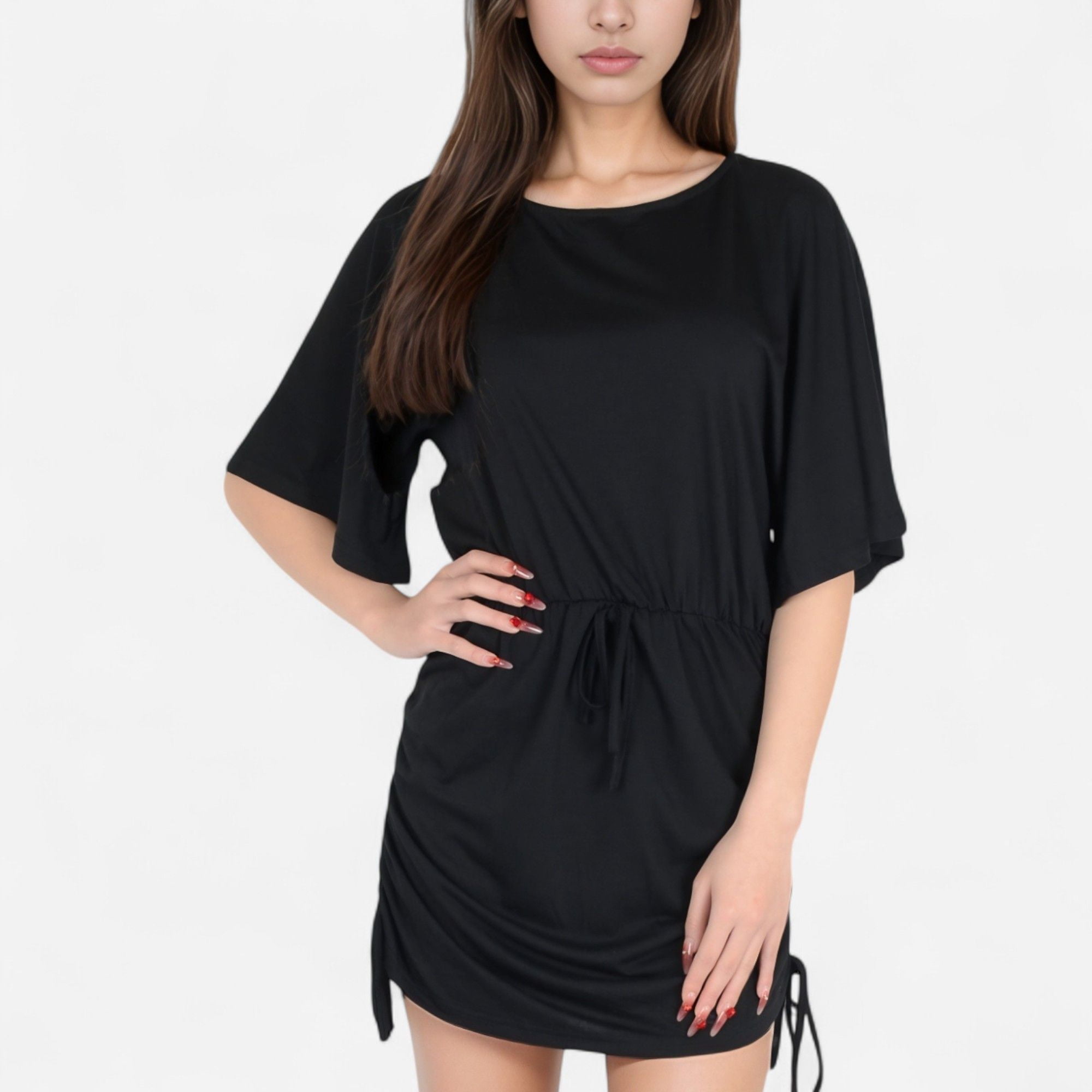 Women's Off-Shoulder Batwing Sleeve Drawstring Ruched Mini Dress- Black ...