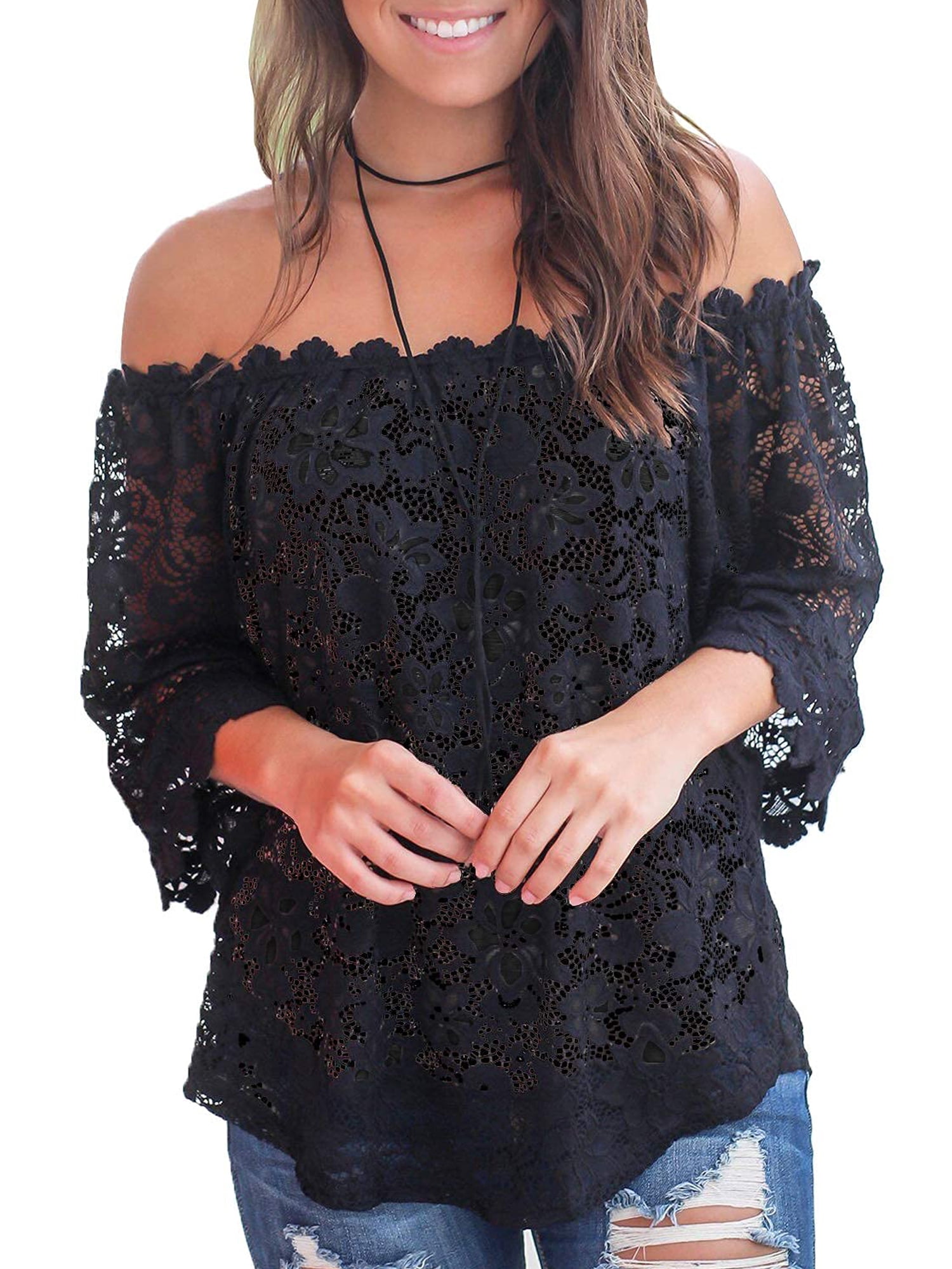 Women's Off Shoulder Lace Tops Casual Loose Blouse 3/4 Sleeve Elegant ...