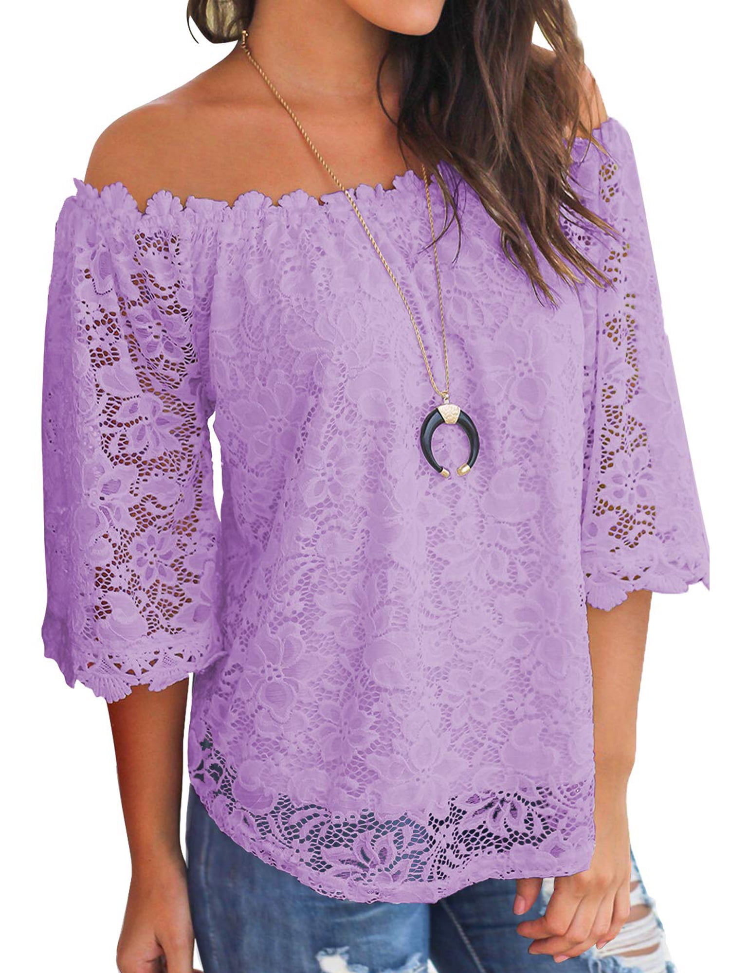 Women's Off Shoulder Lace Tops Casual Loose Blouse 3/4 Sleeve Elegant Shirts Tops Light Purple L ...