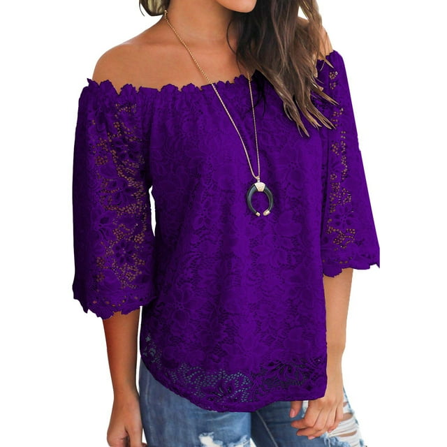Women's Off Shoulder Lace Tops Casual Loose Blouse 3/4 Sleeve Elegant Shirts Tops Purple L ...