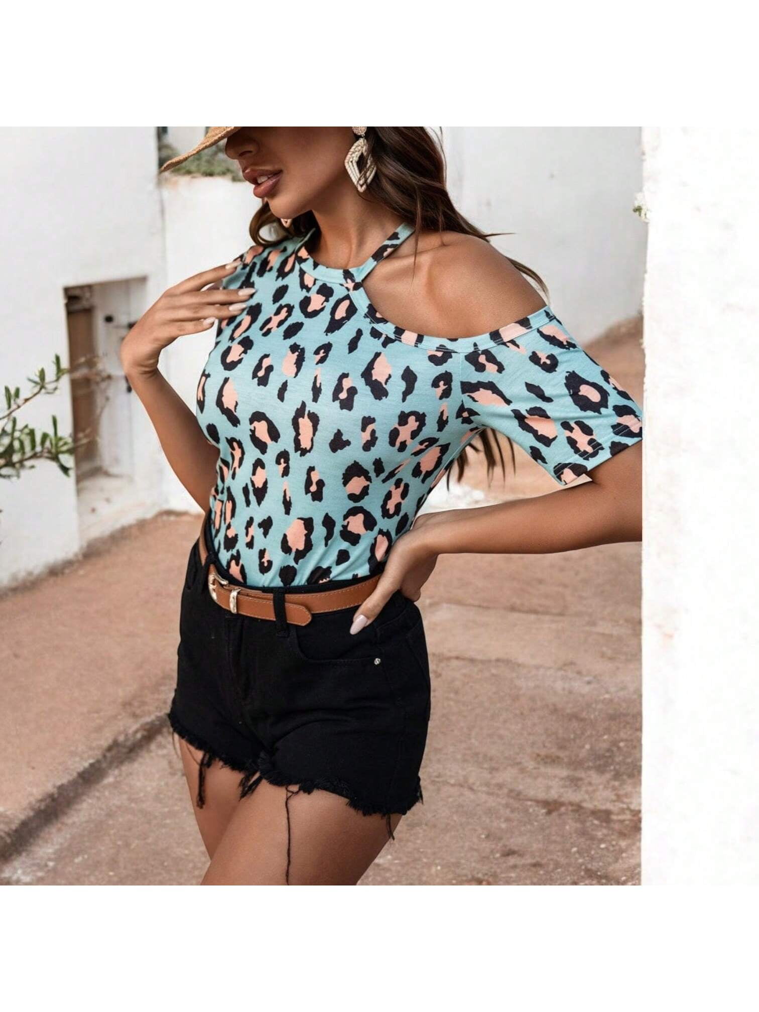 Women's Off Shoulder Leopard Print Top with Strappy Detail and Relaxed ...