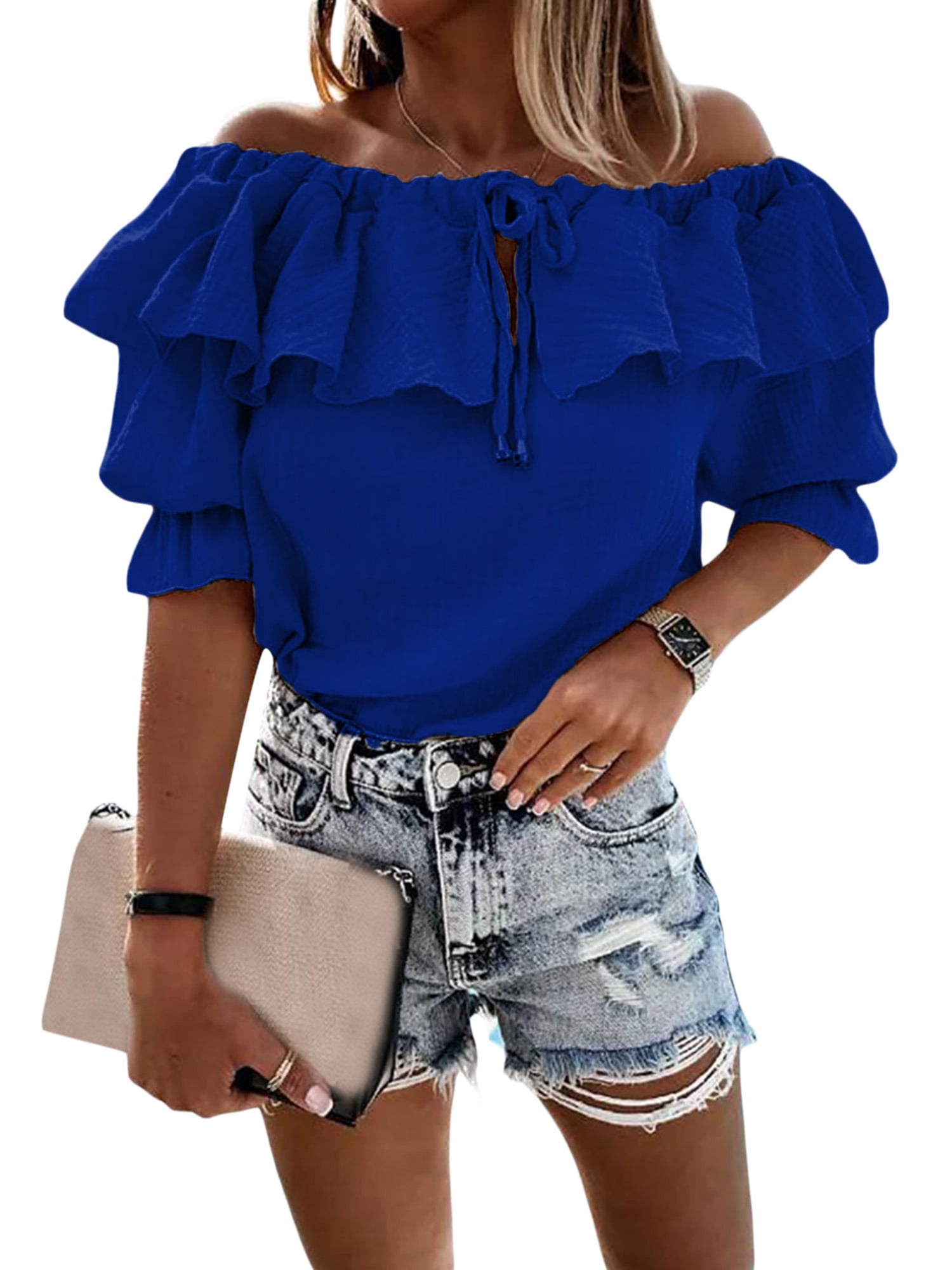 Women's Off Shoulder Ruffle Long Sleeve Blouses Casual Layered Tops ...