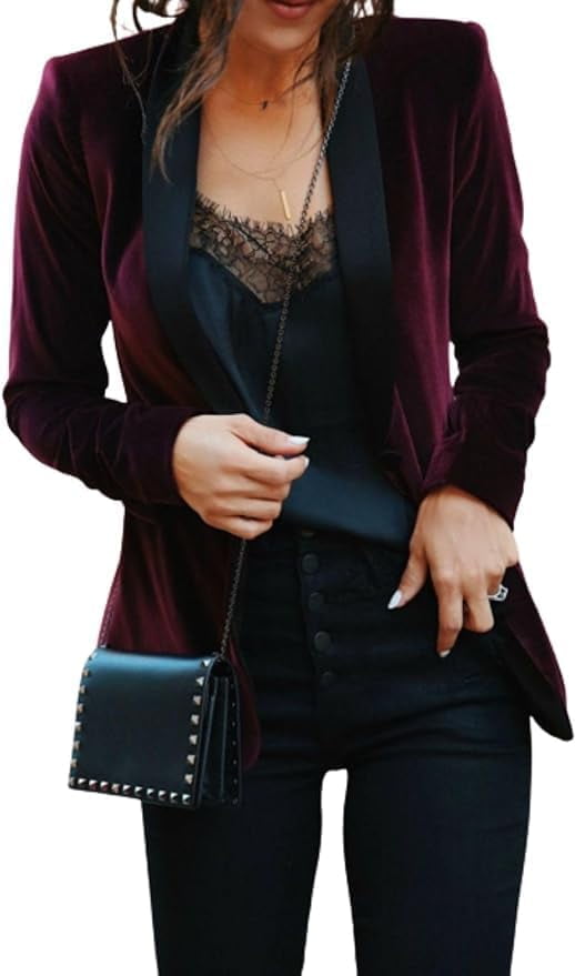 Women's Office Coat Solid Shawl Collar 1 Button Burgundy Velvet Blazer ...