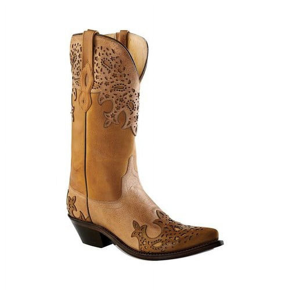 Old West Tan Womens Overlay Leather 12in Fancy Cowboy Boots Boots 7 B ...