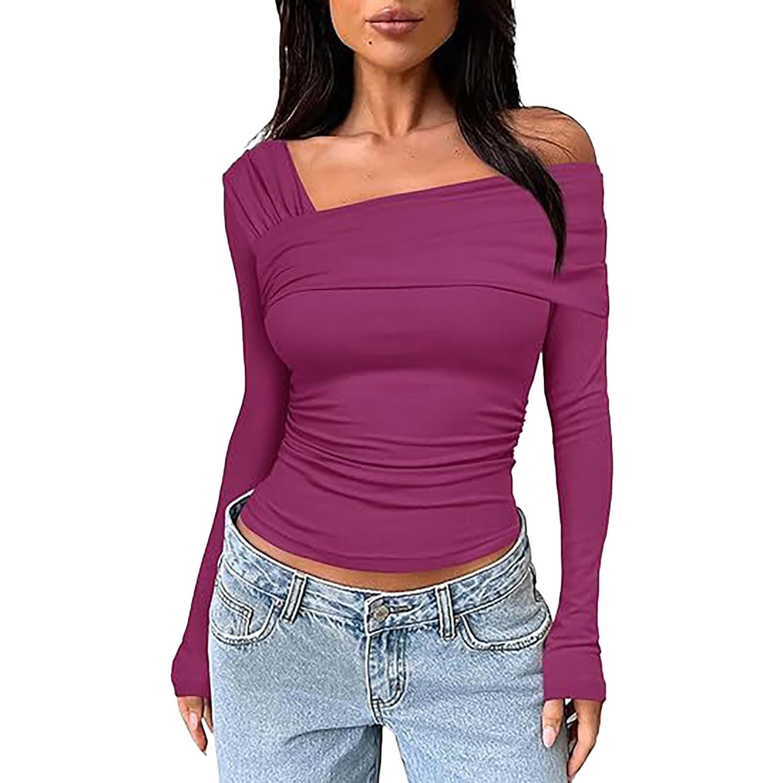 Women's One Off Shoulder Long Sleeve Top Ruched Going Out Tops Slim Fit ...