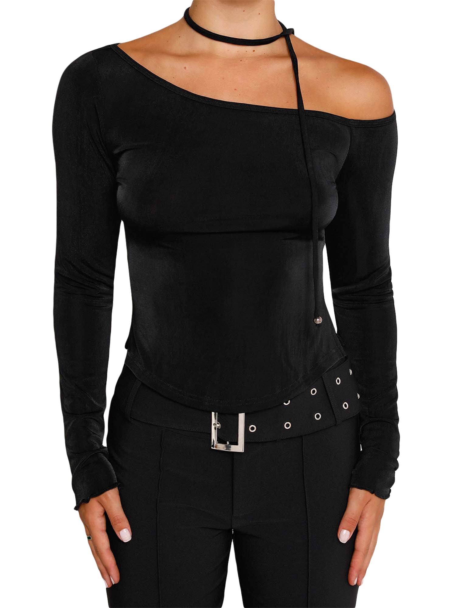 Women's One Off Shoulder Tops Asymmetrical Neck Long Sleeve Solid Color ...