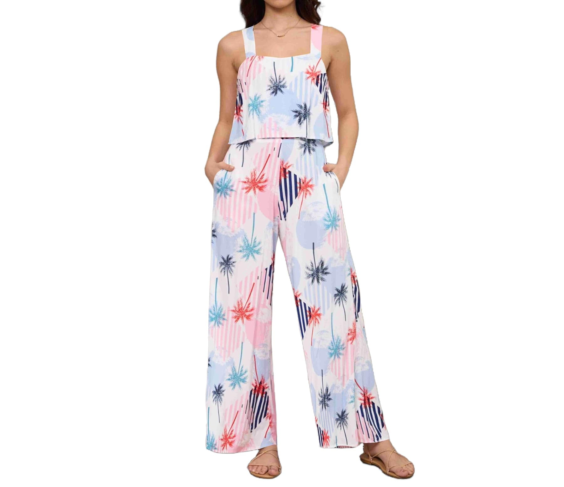 Women's One-Piece Fashion Casual Floral Printed Sling Wide Leg Jumpsuit ...