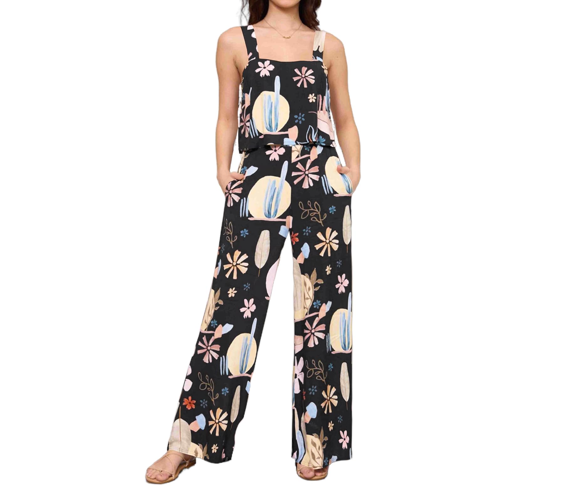 Women's One-Piece Fashion Casual Floral Printed Sling Wide Leg Jumpsuit ...