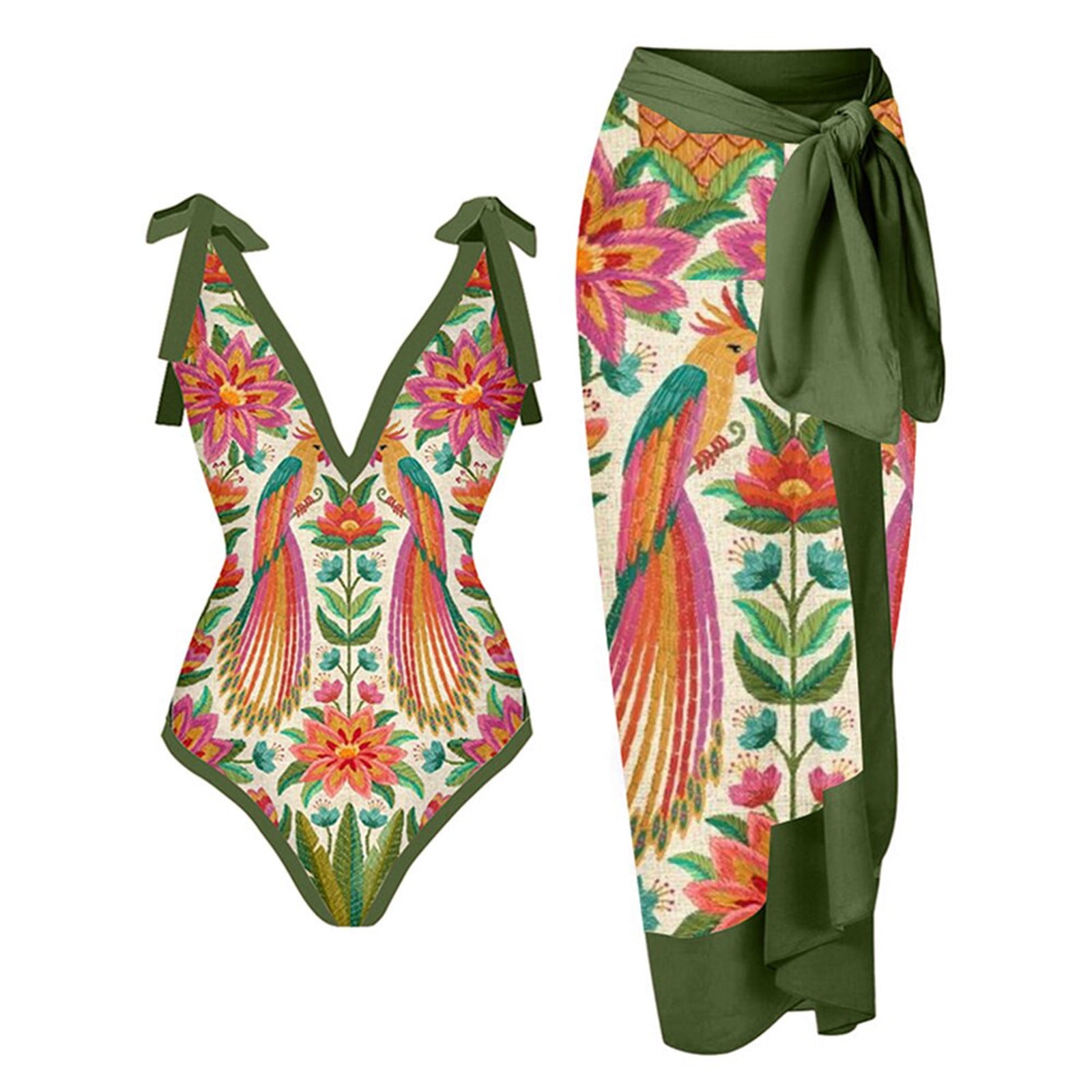 Women's One Piece Swimsuit with Beach Cover up Wrap Skirt,One Piece ...