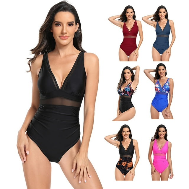 Womens One Piece Swimsuit Floral Print Deep V Neck Bathing Suits