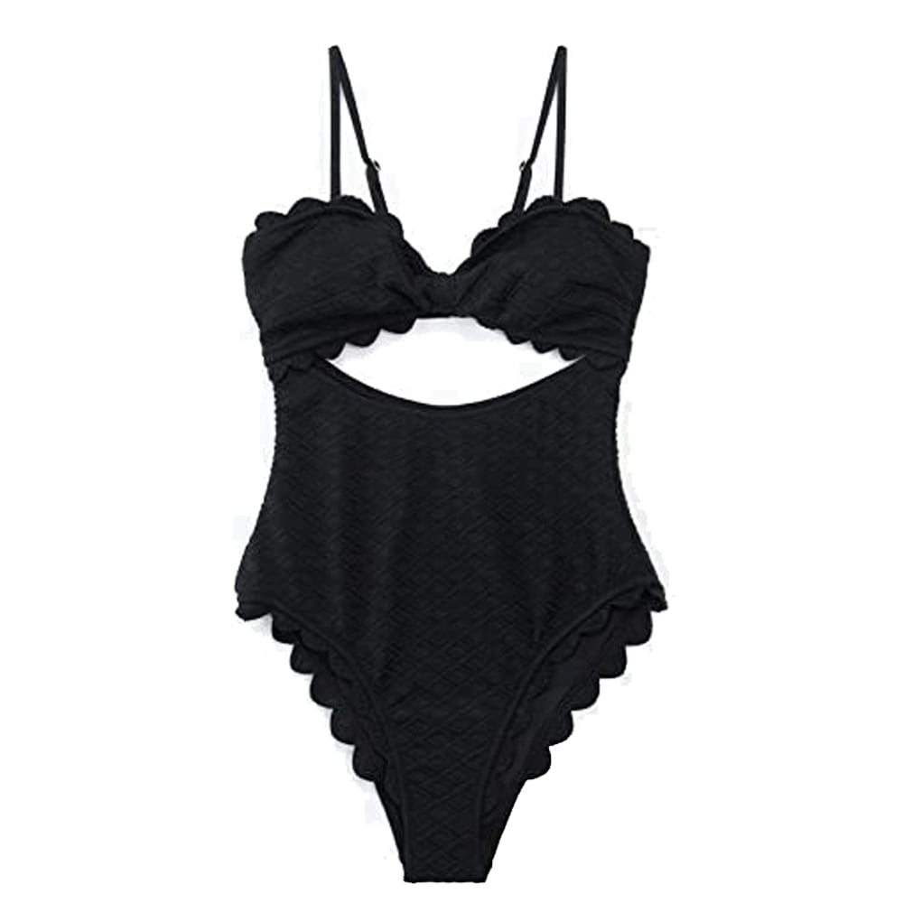 Women's One Piece Swimsuit - Sexy Black Cutout Scallop Trim Bathing ...