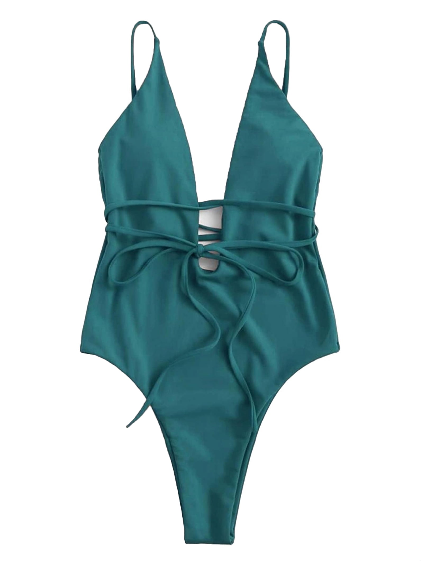 Women's One-Pieces Plain Sexy Swimsuit Plunge Neck Cadet Blue S (4 ...