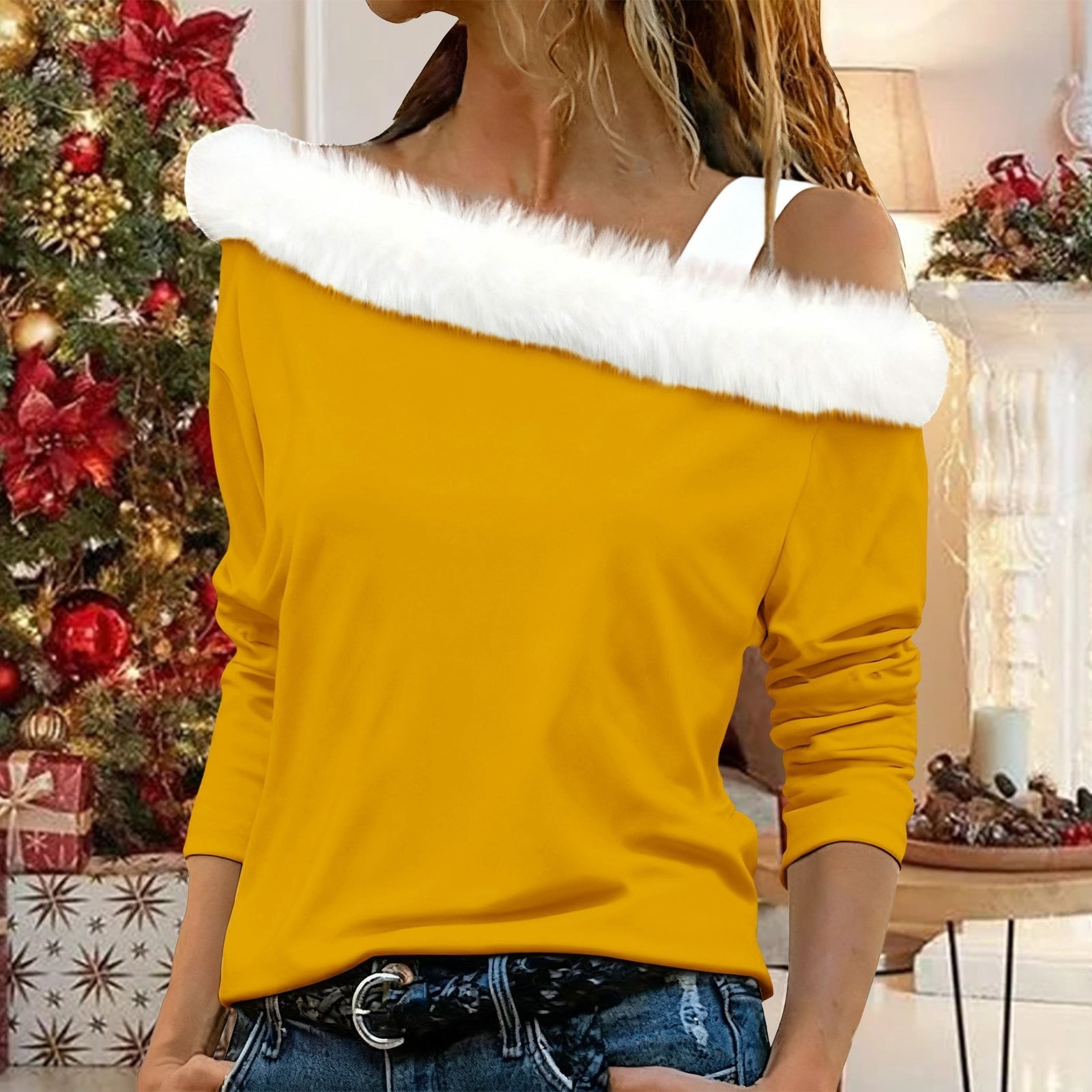 Women's One Shoulder Plush Trim Top, Asymmetric Off-Shoulder Blouse ...
