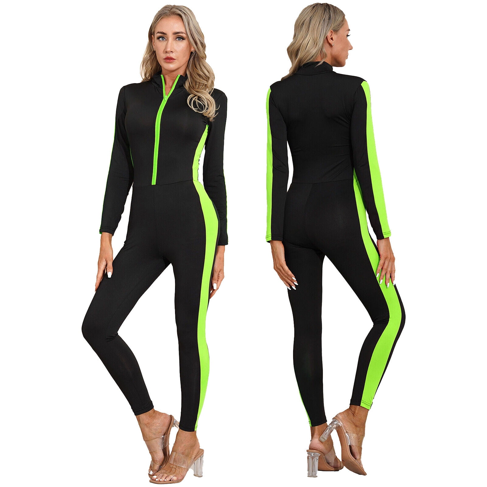 Women's One-piece Sport Jumpsuit Long Sleeve Zip Bodysuit Gym Dance ...