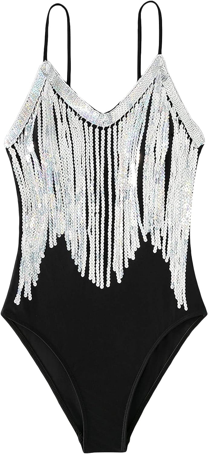 Women's Onepiece Swimsuit Sequin Fringe Trim Bathing Suit Swimwear ...