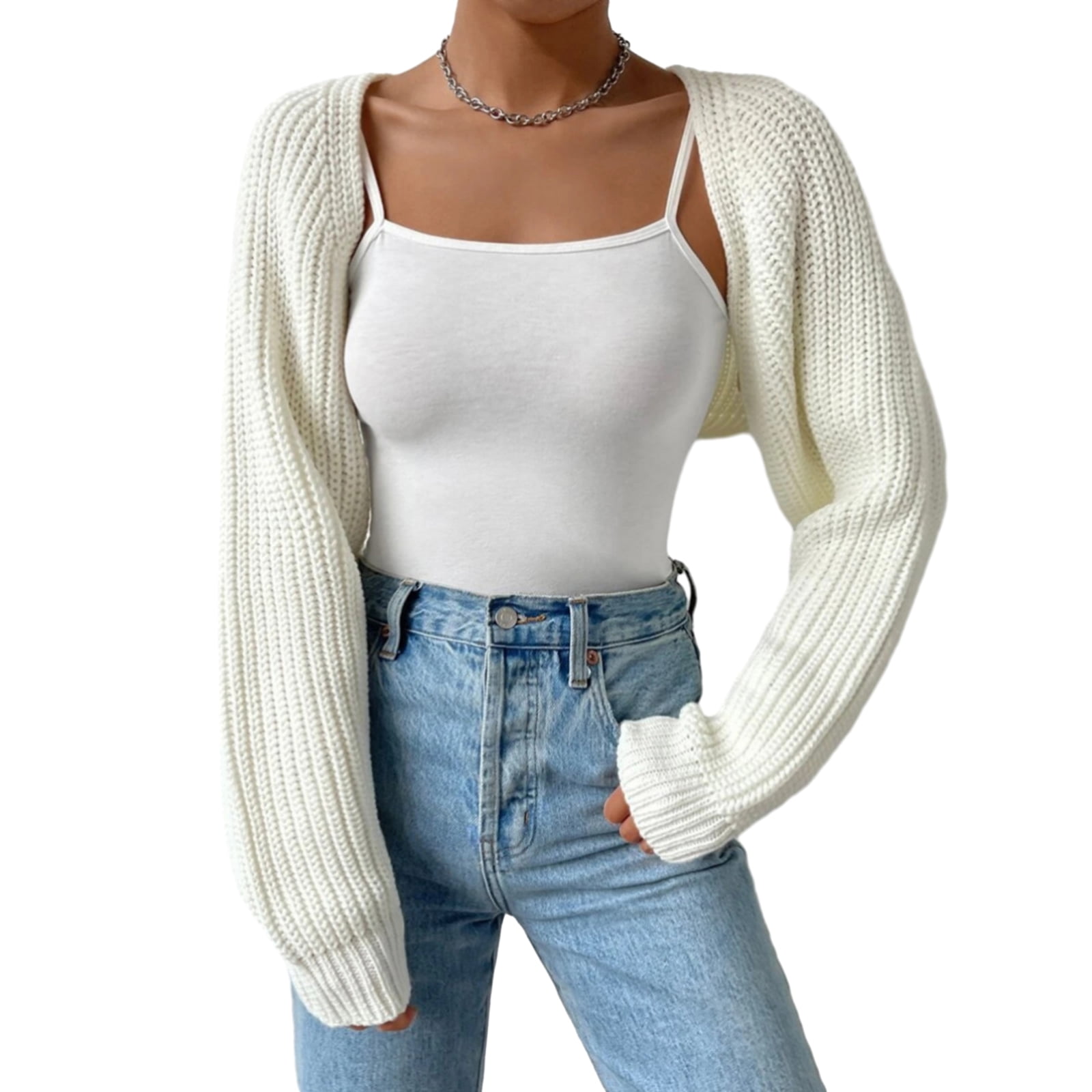 Women's Open Front Cropped Cardigan Long Sleeve Solid Color Ribbed Knit Shrug Sweater Bolero ...
