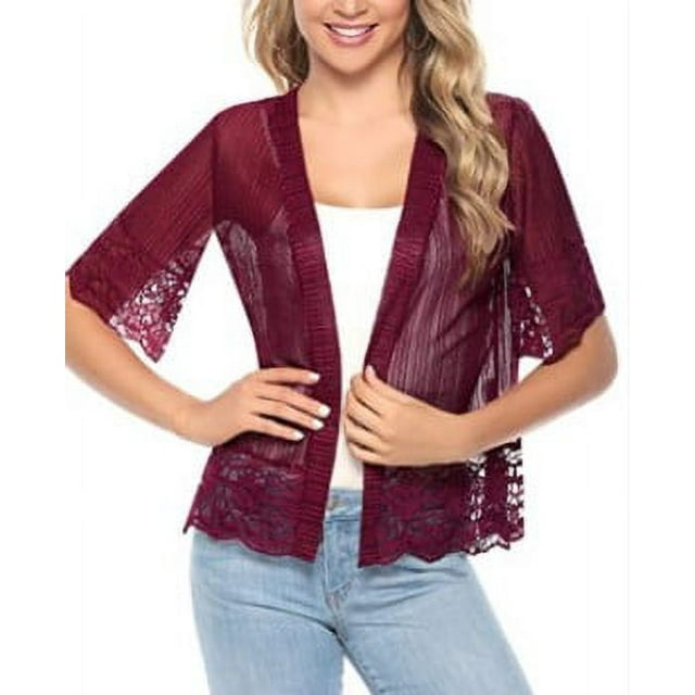 Women's Open Front Shrug Short Sleeve Solid Lace Patchwork Sheer Bolero ...