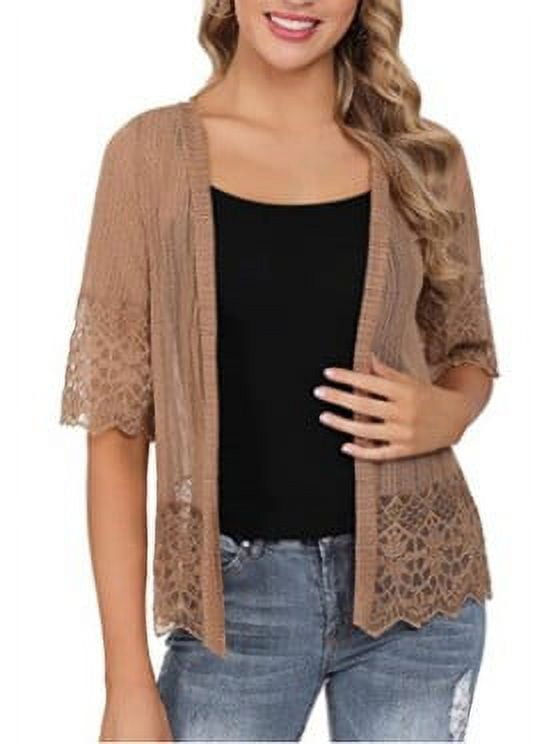 Women's Open Front Shrug Short Sleeve Solid Lace Patchwork Sheer Bolero ...