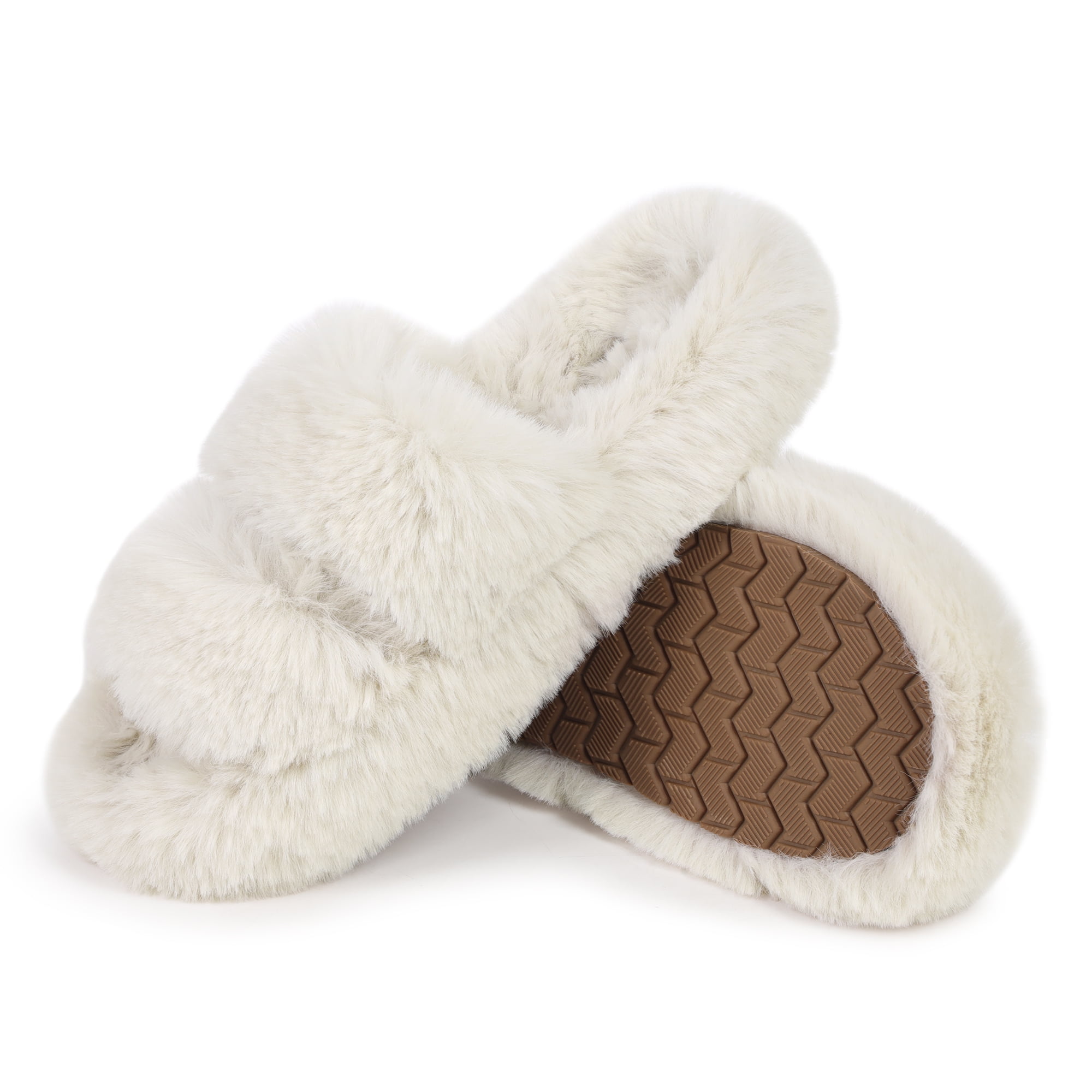 Women's Open Toe Fashion Double Strap Fuzzy Slippers,Soft and Cute ...