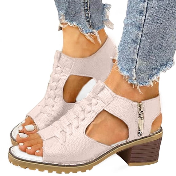 Women's Open Toe Low Chunky Heel Leather Sandals Comfortable Orthopedic ...