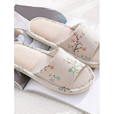 Womens House Slippers, Open Toe Memory Foam Washable Non-Slip Scuff Linen Printing Slippers ...