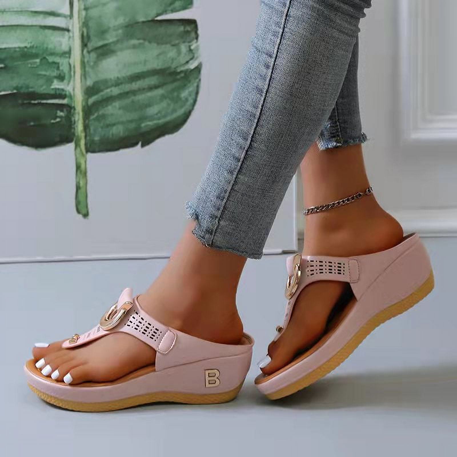 Women's Open Toe Wedge Flip Flops - Summer Beach Sandals with Metal ...