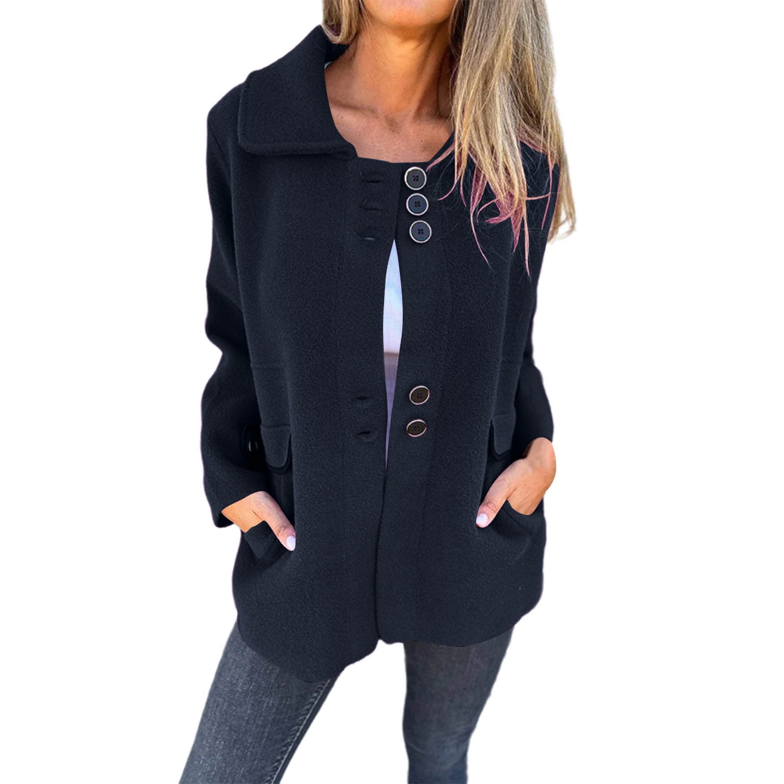 Women's Overcoat Loose Button Down Outerwear Coat Casual Long-Sleeve ...