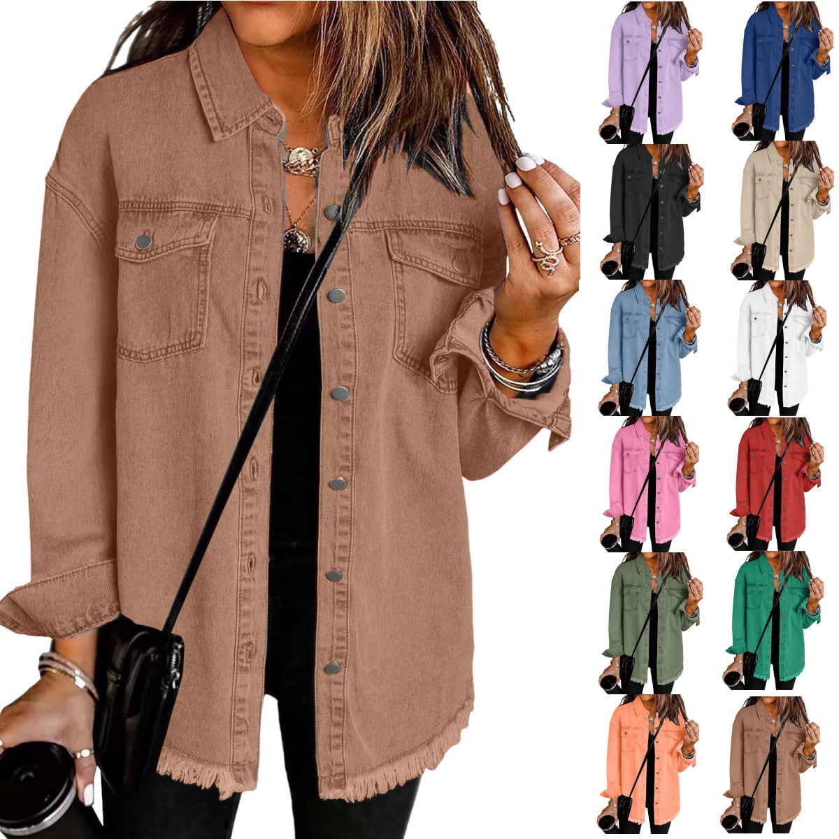 Women's Oversized Button Up Frayed Hem Shacket Long Sleeve Pockets ...