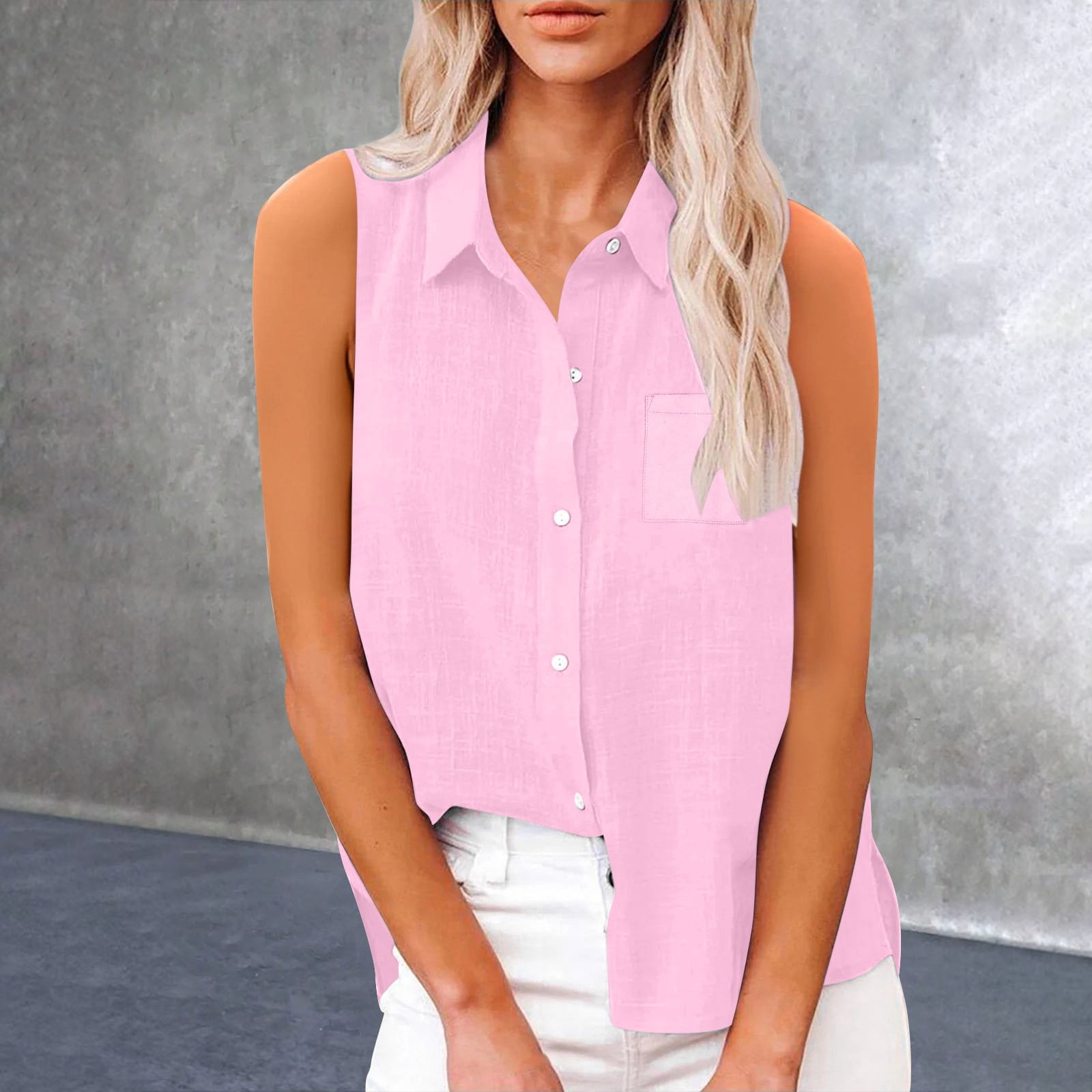 Women's Oversized Cotton Linen Shirt, Sleeveless Collared Button Down ...