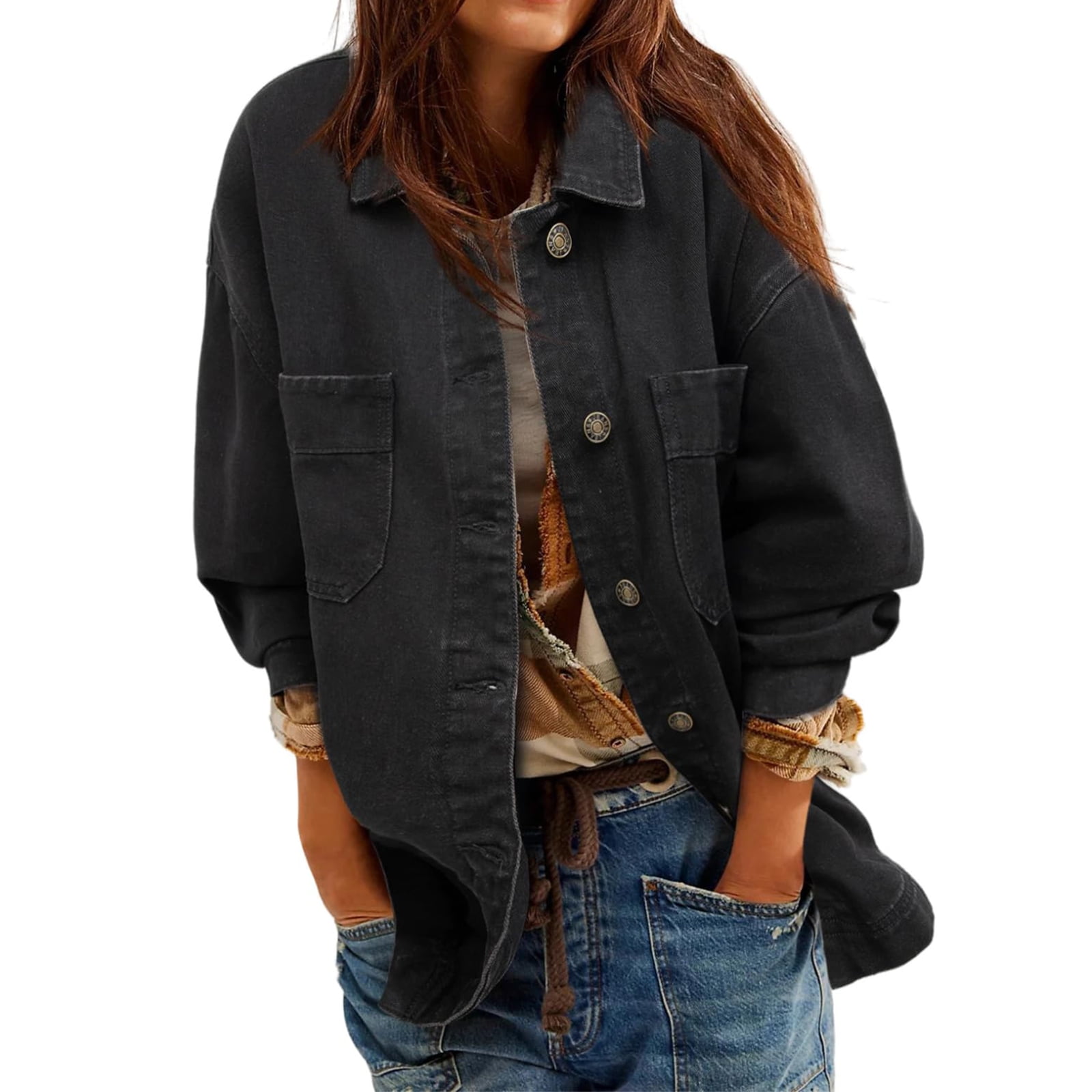 Women's Oversized Denim Jacket Casual Long Boyfriend Distressed Jean Jacket Long Sleeve Button ...