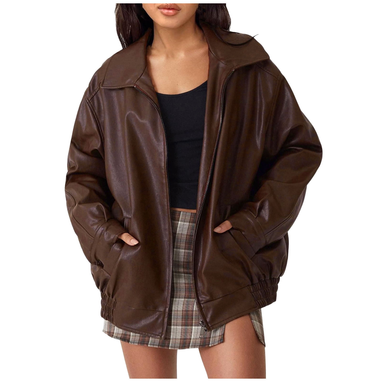 Women's Oversized Faux Leather Jackets Motorcycle Moto Biker Coat Fall Zip Up Outfits Fashion ...