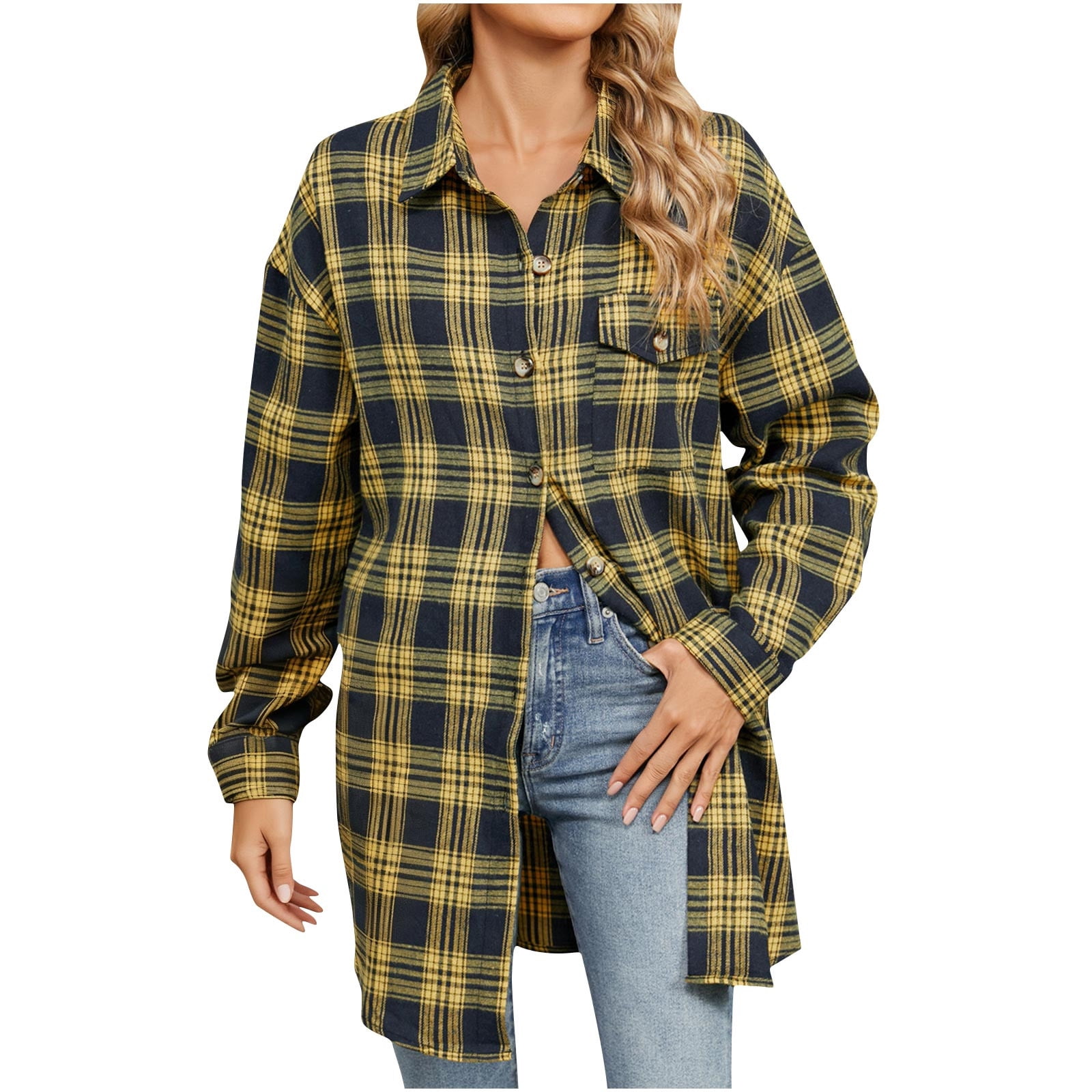 Women’s Oversized Mid Long Plaid Flannel Shirt Lapel Collar Button Down ...