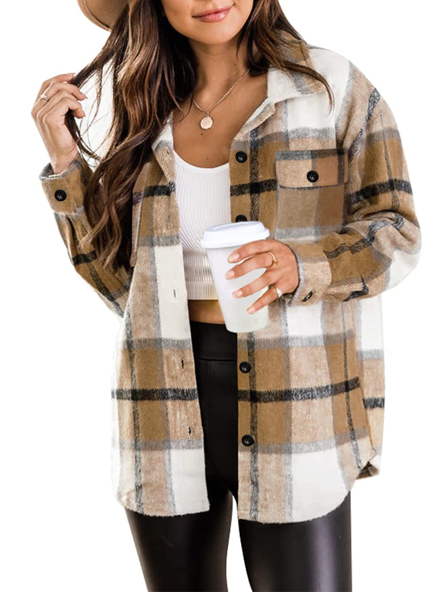 Women's Oversized Plaid Shacket Brushed Flannel Button Down Shirt ...