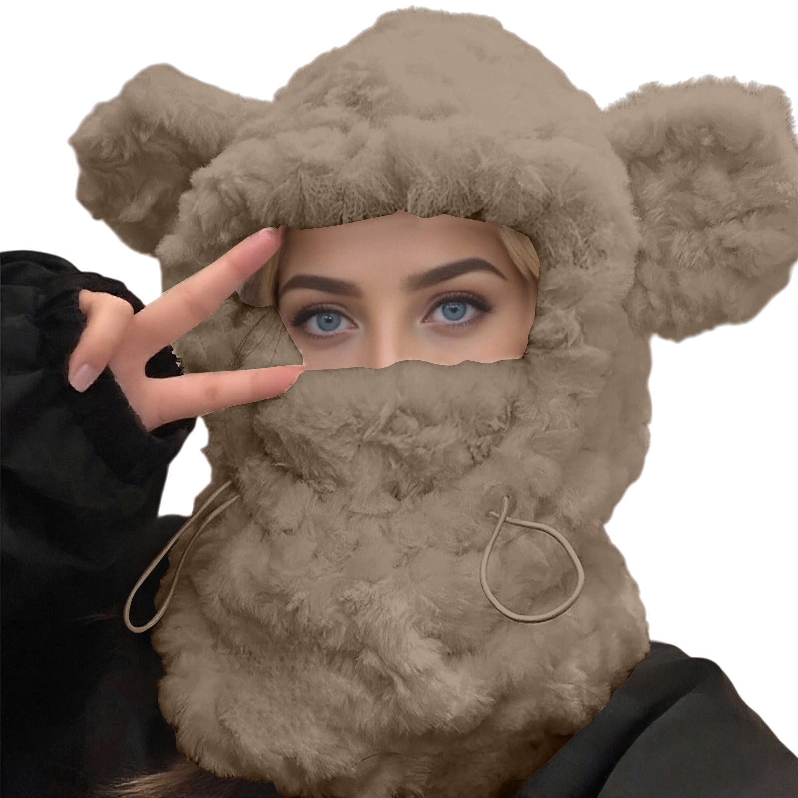 Women's Oversized Plush Bear Ear Hood, 3-in-1 Scarf Hoodie Mask, Fleece ...