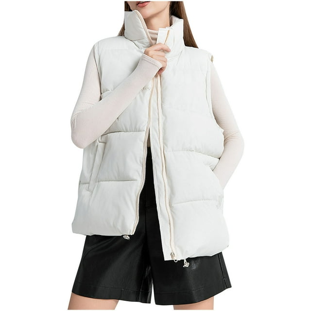 Women's Oversized Puffer Vest - Stand Collar Sleeveless Padded Down ...