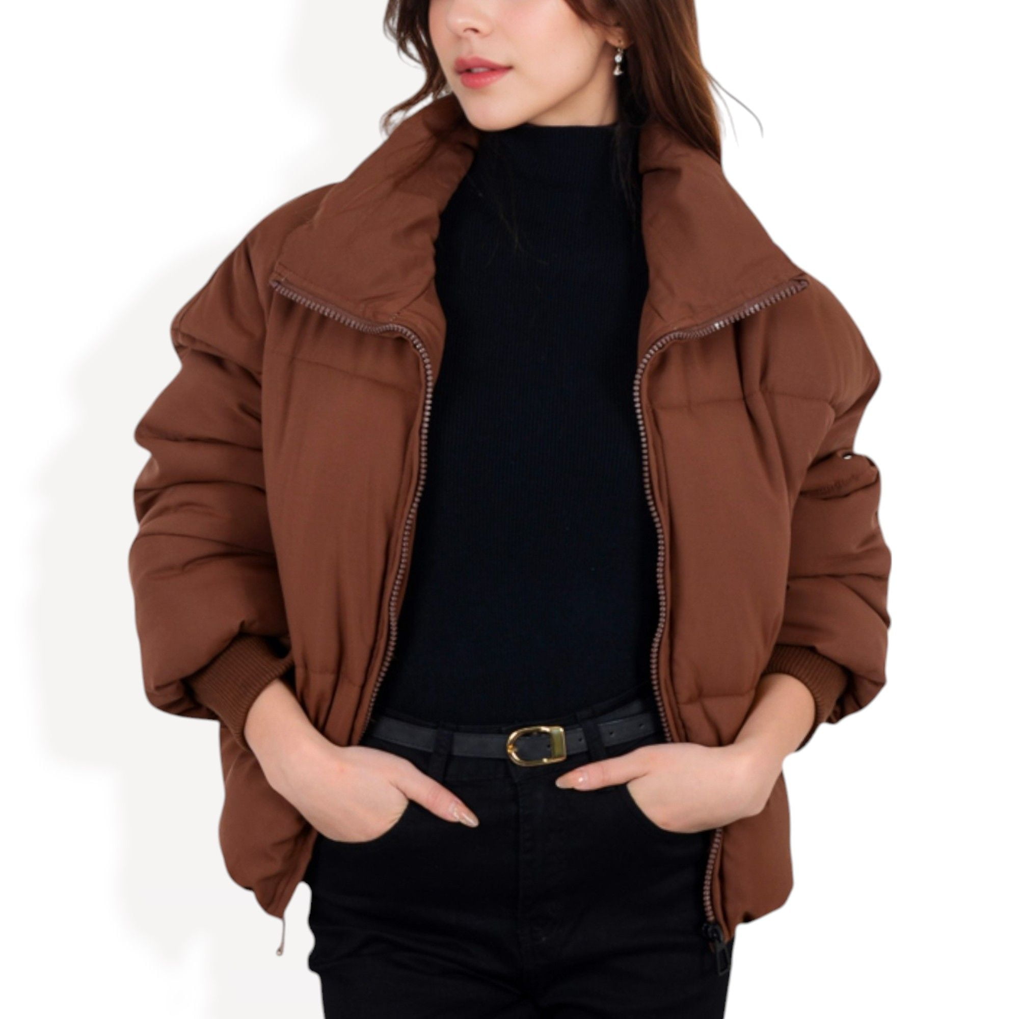 Women's Oversized Quilted Puffer Jacket with Zipper Front and Ribbed ...