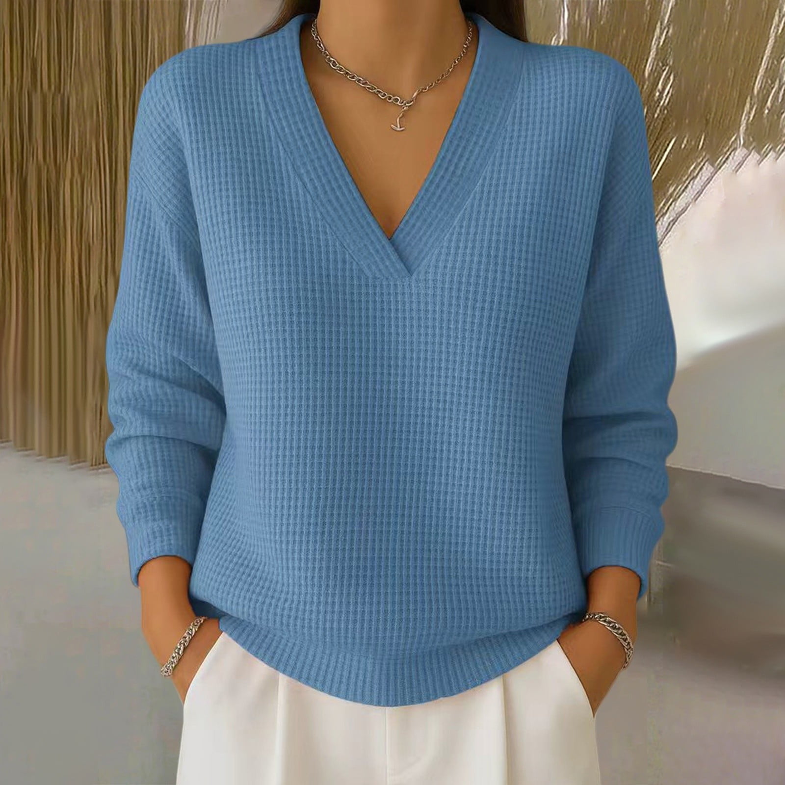 Women's Oversized V Neck Waffle Texture Sweatshirt, Drop Shoulder Long ...