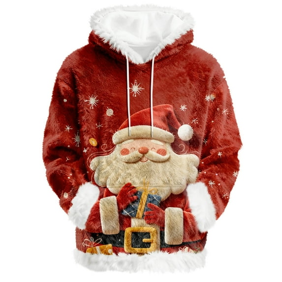 Women's Oversized Winter Plush Flannel Hoodie with Cute Santa Christmas ...