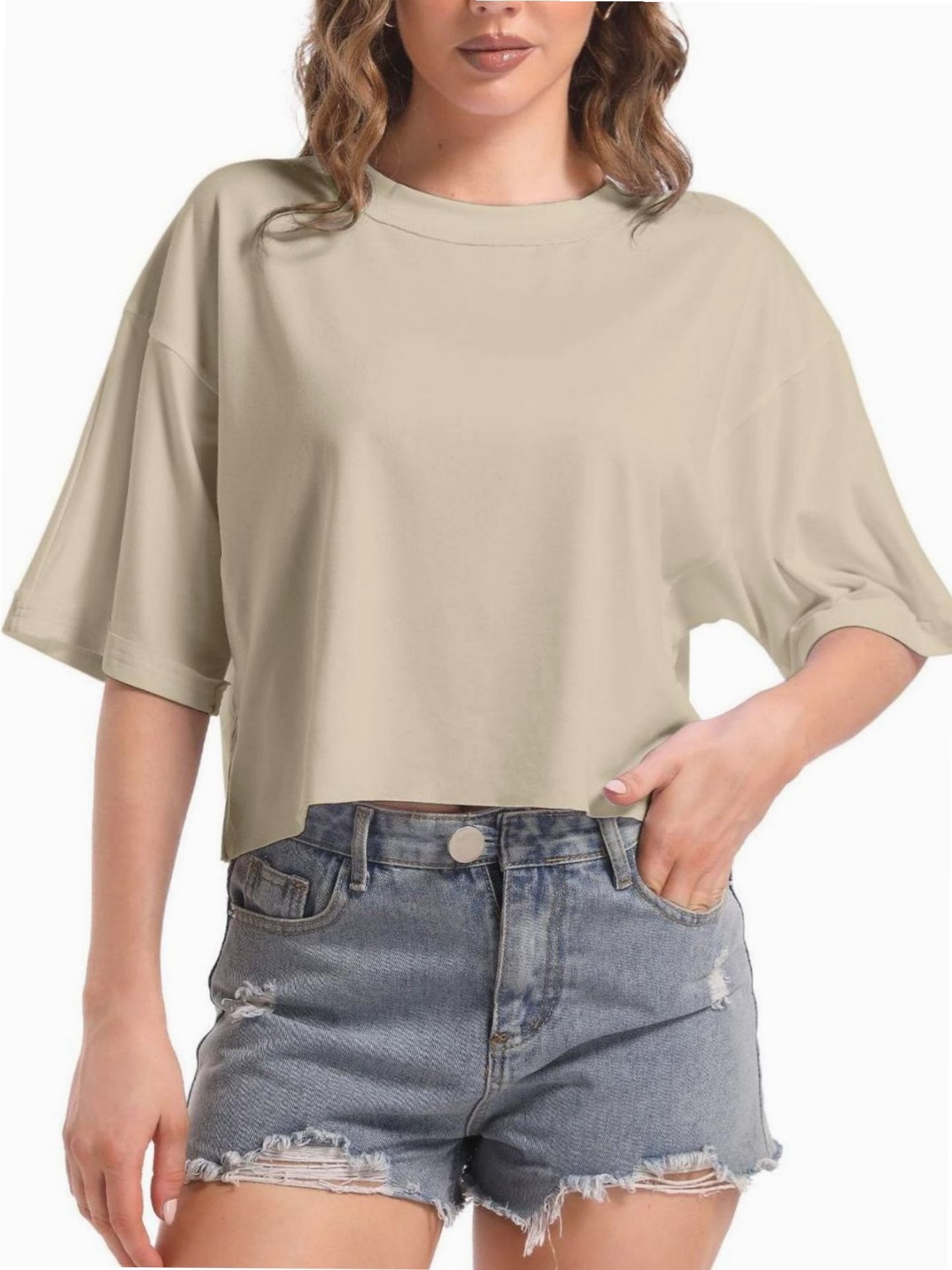 Women's Oversized Workout Cropped T Shirts Crew Neck Short Sleeve ...