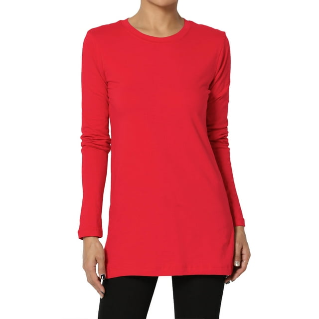 Women's PLUS Basic Round Crew Neck Long Sleeve T-Shirt Stretch Cotton ...