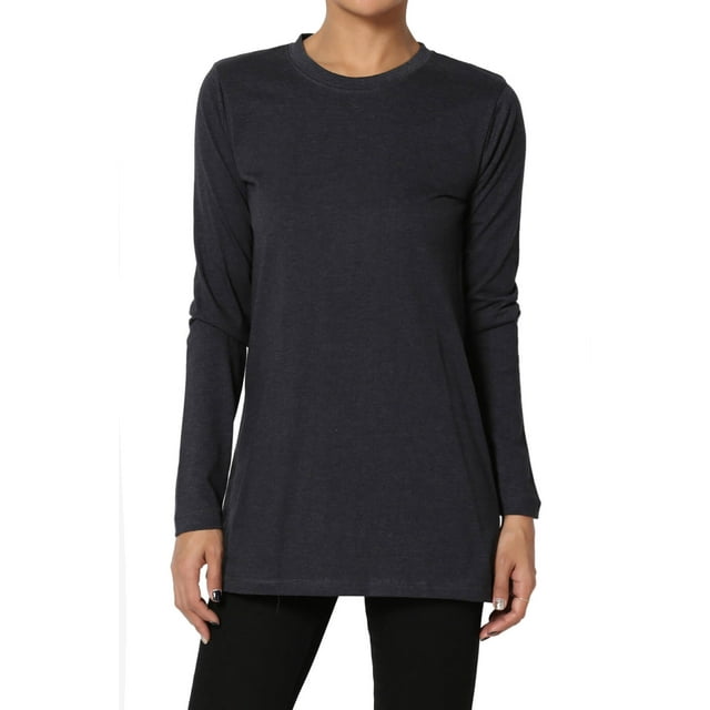 Women's PLUS Basic Round Crew Neck Long Sleeve T-Shirt Stretch Cotton ...
