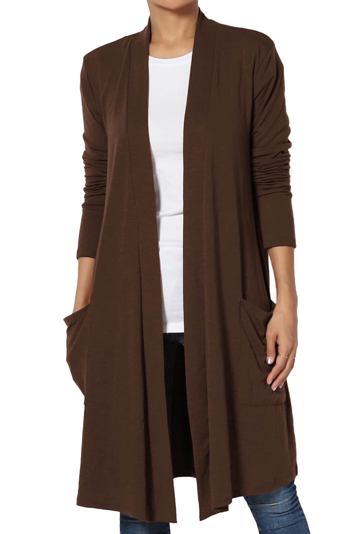 TheMogan Women's Casual Long Sleeve Pocket Open Front Jersey Knit Knee ...