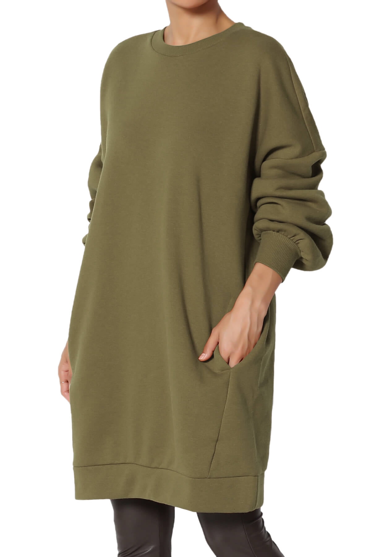 Women's PLUS Oversized Crew Neck Long Sleeve Pocket Fleece Tunic ...