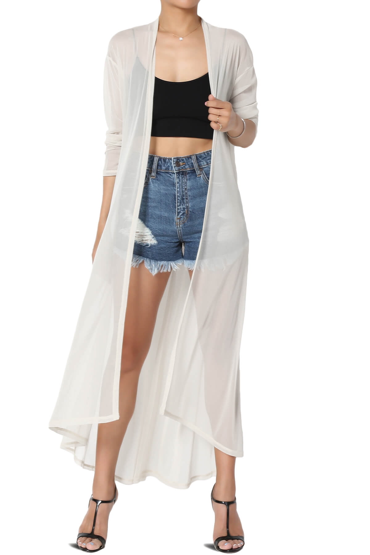 Women's PLUS Sheer Mesh Long Sleeve Open Front Maxi Cardigan Mid-Calf ...