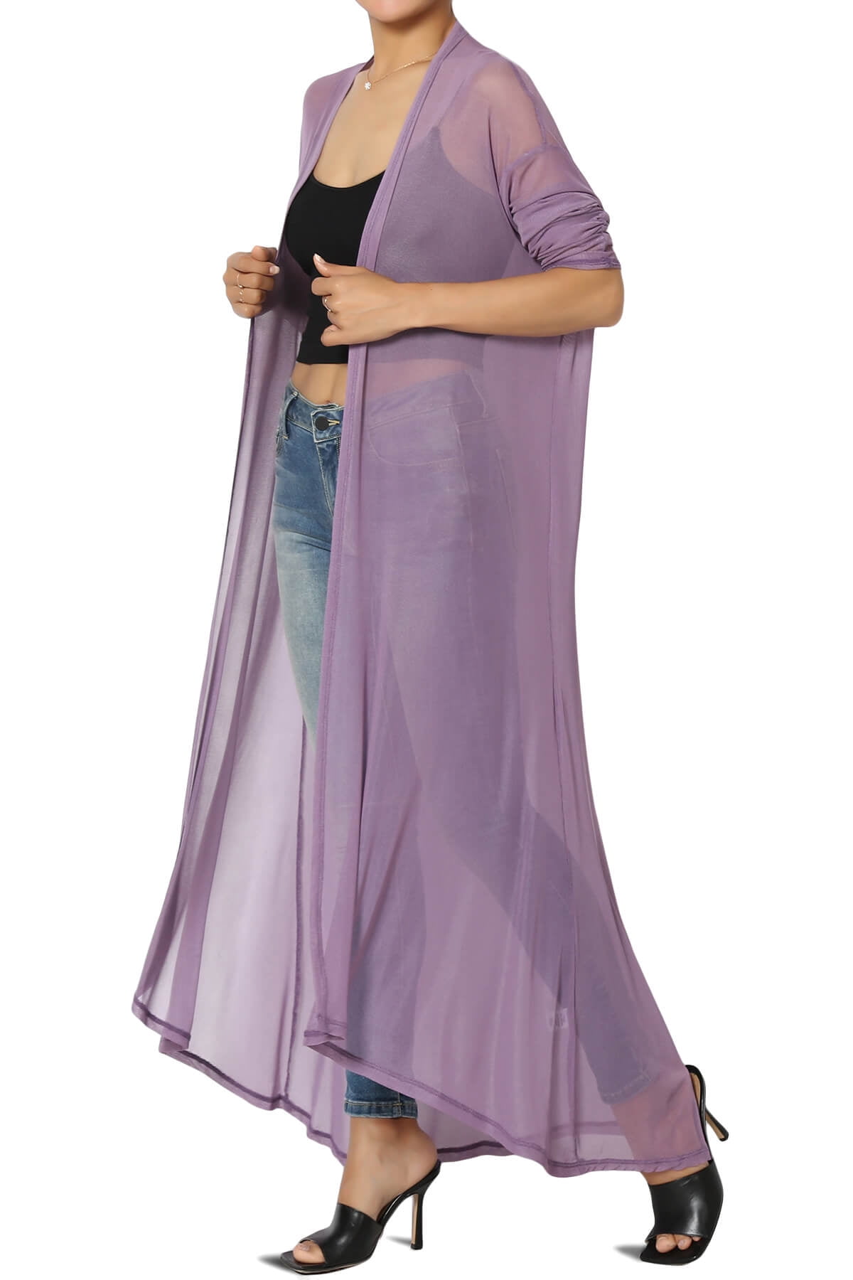 Women's PLUS Sheer Mesh Long Sleeve Open Front Maxi Cardigan Mid-Calf ...